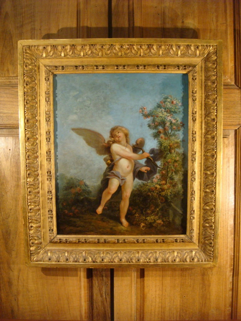 Tableau Cupidon et rosiers huile sur toile Ecole Francaise Epoque XVIII è